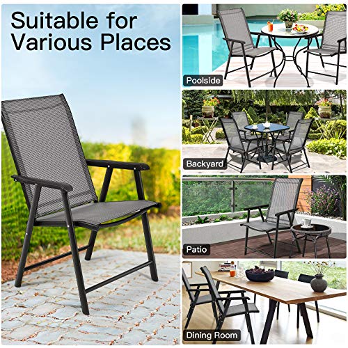 RELAX4LIFE Patio Folding Chairs Set of 4 W/Armrest,High Backrest&Metal Frame Patio Dining Chairs Set for Courtyard, Garden, Poolside Outdoor & Indoor No-Assembly Folding Sling Chairs (4, Gray)