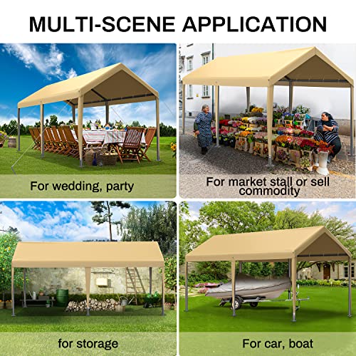 Cityflee Carport,10'x 20' Upgraded Heavy Duty Carport with Wind Rope, Portable Garage for Car, Truck, Boat, Car Canopy with All-Season Tarp,Khaki