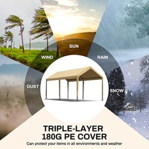 Cityflee Carport,10'x 20' Upgraded Heavy Duty Carport with Wind Rope, Portable Garage for Car, Truck, Boat, Car Canopy with All-Season Tarp,Khaki