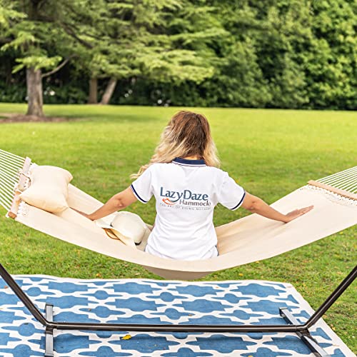 Lazy Daze Quilted Fabric Hammock with 12-Foot Stand, Double 2-Person Hammock with Pillow for Outdoor Outside Patio, Garden, Backyard, 450LB Capacity, Beige