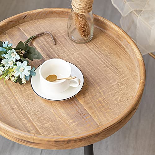 LITA Log Desktop Round Side End Table, Nightstand/Small Tables, Indoor Outdoor Round Side Table, Wooden Tray Table with Metal Stand End Table for Living Room Bedroom Office Small Spaces (M)