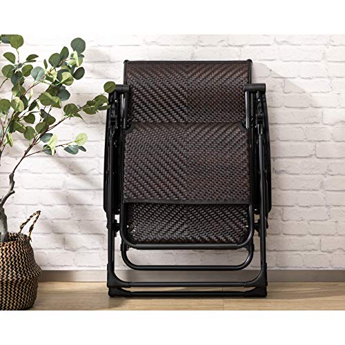 AbocoFur Rattan Folding Zero Gravity Chair with Lock for Adults, Indoor&Outdoor Adjustable Recliner with Steel Frame and Widened Armrest, Heavy Duty Lounge Chair for Patio, Balcony, Brown