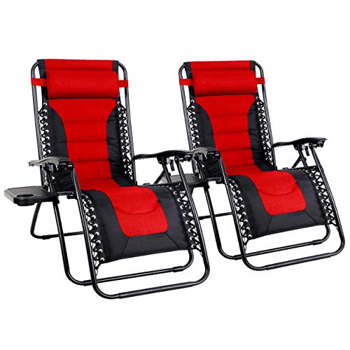 MFSTUDIO Zero Gravity Chair Large Portable Patio Recliners Adjustable Padded Folding Chair with Cup Holder for Poolside Outdoor Yard Beach, Set of 2 - Red