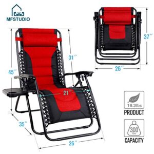 MFSTUDIO Zero Gravity Chair Large Portable Patio Recliners Adjustable Padded Folding Chair with Cup Holder for Poolside Outdoor Yard Beach, Set of 2 - Red