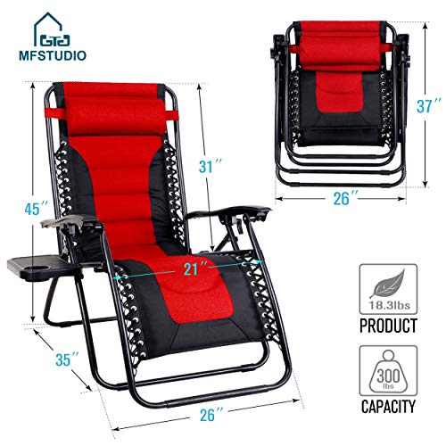 MFSTUDIO Zero Gravity Chair Large Portable Patio Recliners Adjustable Padded Folding Chair with Cup Holder for Poolside Outdoor Yard Beach, Set of 2 - Red