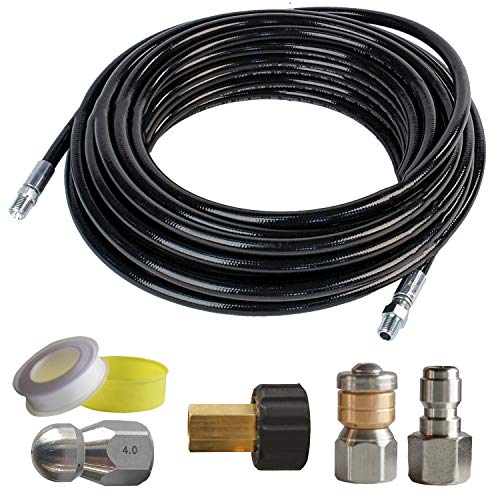 Xiny Tool Sewer Jetter Kit for Pressure Washer, 50 FT 1/4 Inch NPT Drain Cleaning Hose, Orifice 4.0 Button Nose and Rotating Sewer Jetting Nozzle, 4000 PSI