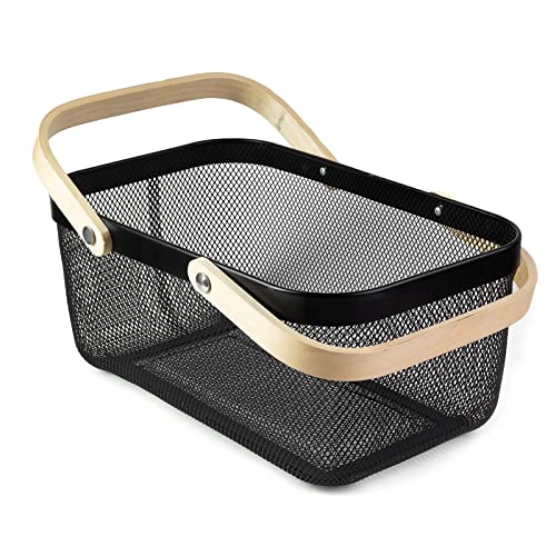 MACOIOR Portable Garden Basket-Mesh Design Natural Bamboo Handle Wire Storage Baskets,Mesh Basket with Handle Organize Items Reduce Space Occupation,Suitable for Kitchen,Garden,Picnic(Black)