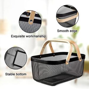 MACOIOR Portable Garden Basket-Mesh Design Natural Bamboo Handle Wire Storage Baskets,Mesh Basket with Handle Organize Items Reduce Space Occupation,Suitable for Kitchen,Garden,Picnic(Black)