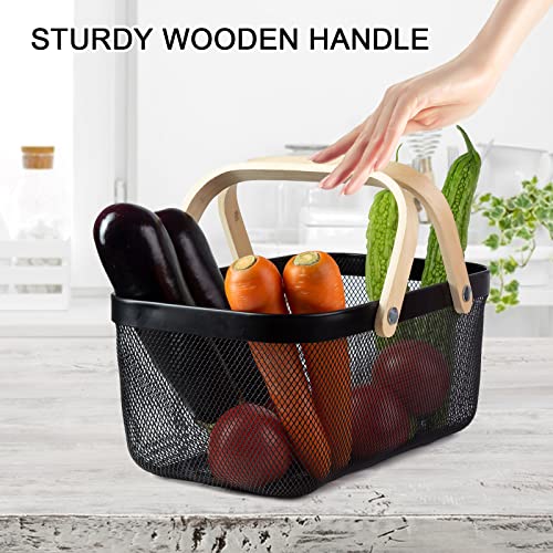 MACOIOR Portable Garden Basket-Mesh Design Natural Bamboo Handle Wire Storage Baskets,Mesh Basket with Handle Organize Items Reduce Space Occupation,Suitable for Kitchen,Garden,Picnic(Black)