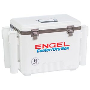 Engel UC19 19qt Leak-Proof, Air Tight, Fishing Drybox Cooler with Built-in Fishing Rod Holders, Also Makes The Perfect Small Hard Shell Lunchbox for Men and Women in White