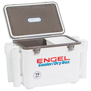 Engel UC19 19qt Leak-Proof, Air Tight, Fishing Drybox Cooler with Built-in Fishing Rod Holders, Also Makes The Perfect Small Hard Shell Lunchbox for Men and Women in White