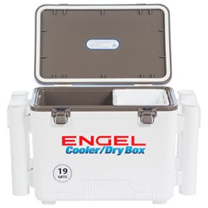 Engel UC19 19qt Leak-Proof, Air Tight, Fishing Drybox Cooler with Built-in Fishing Rod Holders, Also Makes The Perfect Small Hard Shell Lunchbox for Men and Women in White