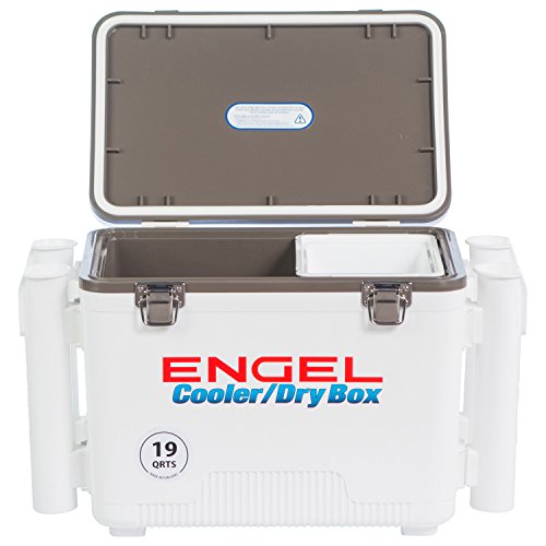 Engel UC19 19qt Leak-Proof, Air Tight, Fishing Drybox Cooler with Built-in Fishing Rod Holders, Also Makes The Perfect Small Hard Shell Lunchbox for Men and Women in White