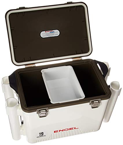 Engel UC19 19qt Leak-Proof, Air Tight, Fishing Drybox Cooler with Built-in Fishing Rod Holders, Also Makes The Perfect Small Hard Shell Lunchbox for Men and Women in White