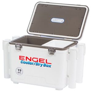 Engel UC19 19qt Leak-Proof, Air Tight, Fishing Drybox Cooler with Built-in Fishing Rod Holders, Also Makes The Perfect Small Hard Shell Lunchbox for Men and Women in White