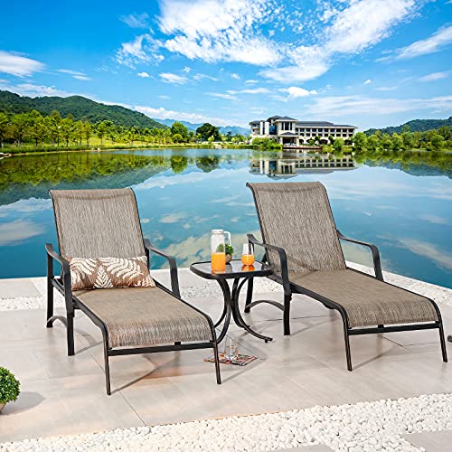 Festival Depot 3Pcs Outdoor Lounge Chair Set of 2 Patio Chaises with Adjustable Backrest in 4 Reclining Levels and Bistro Table Metal Furniture for Poolside, Gray