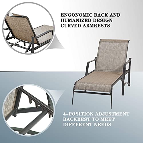 Festival Depot 3Pcs Outdoor Lounge Chair Set of 2 Patio Chaises with Adjustable Backrest in 4 Reclining Levels and Bistro Table Metal Furniture for Poolside, Gray