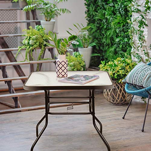 Tangkula Outdoor Dining Table with 2 inches Umbrella Hole, 32 inches Tempered Glass Top Square Patio Table, for Balcony, Backyard, Poolside and Sunroom