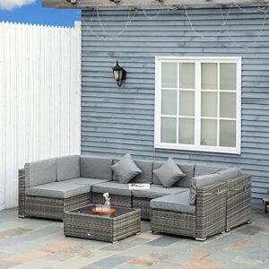 Outsunny 7-Piece Patio Furniture Sets Outdoor Wicker Conversation Sets All Weather PE Rattan Sectional Sofa Set with Cushions & Tempered Glass Desktop, Grey