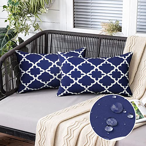 Outdoor Waterproof Lumbar Pillow Covers 12x20 Inches Navy Blue Patio Outdoor Throw Pillows Cushion Cases for Couch Porch Furniture Set of 2