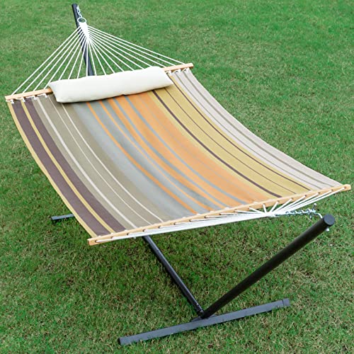 Gafete 55 Inch Hammock with Stand Included 12ft Heavy Duty Steel Stand, Waterproof Textilene 2 People Hammocks with Pillow for Backyard Patio Outdoor, Max 475lbs Capacity, Quick Dry (Coffee)