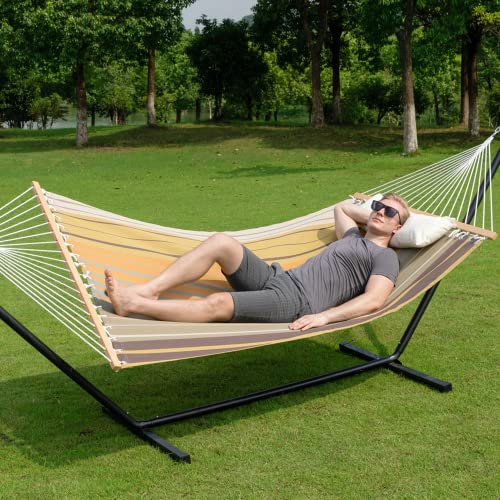 Gafete 55 Inch Hammock with Stand Included 12ft Heavy Duty Steel Stand, Waterproof Textilene 2 People Hammocks with Pillow for Backyard Patio Outdoor, Max 475lbs Capacity, Quick Dry (Coffee)