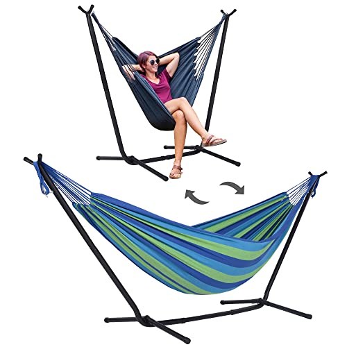 SUNCREAT 2-in-1 Hammocks Hammock Chair with Stand, 475 lbs Capacity, Heavy Duty Two Person Hammock with Stand, Patent Pending, Blue Stripe