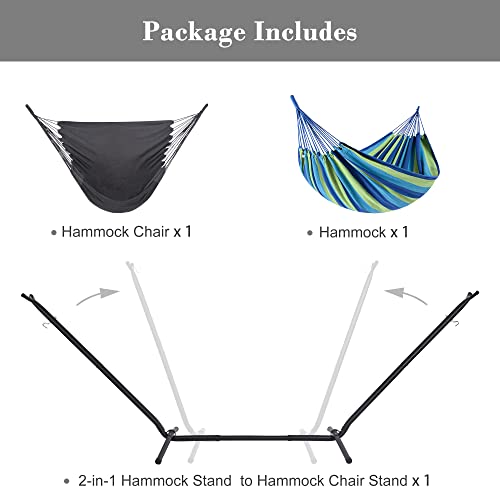 SUNCREAT 2-in-1 Hammocks Hammock Chair with Stand, 475 lbs Capacity, Heavy Duty Two Person Hammock with Stand, Patent Pending, Blue Stripe