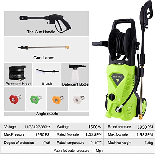 WHOLESUN WS 3000 Electric Pressure Washer 1600W Power Washer with Hose Reel and Brush Green