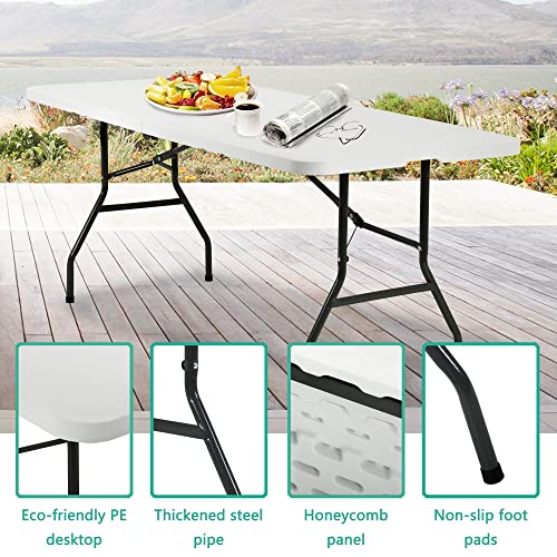 6FT Outdoor Dining Table Plastic Party Table Folding Table Picnic Camping Table for Parties Wedding BBQ Camping Dining Kitchen with Carrying Handle