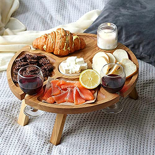 Bomeiqee Wooden Folding Picnic Table with Wine Glass Holder - Portable Creative 2 in 1 Wine Glass Rack & Compartmental Dish for Cheese and Fruit for Outdoor