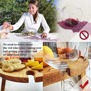 Bomeiqee Wooden Folding Picnic Table with Wine Glass Holder - Portable Creative 2 in 1 Wine Glass Rack & Compartmental Dish for Cheese and Fruit for Outdoor