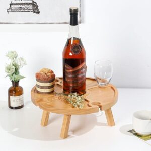 Bomeiqee Wooden Folding Picnic Table with Wine Glass Holder - Portable Creative 2 in 1 Wine Glass Rack & Compartmental Dish for Cheese and Fruit for Outdoor