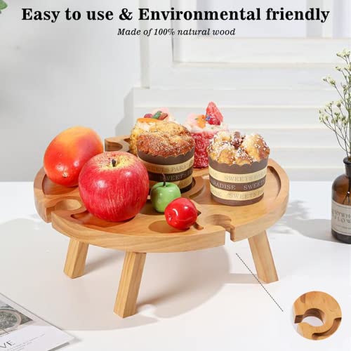 Bomeiqee Wooden Folding Picnic Table with Wine Glass Holder - Portable Creative 2 in 1 Wine Glass Rack & Compartmental Dish for Cheese and Fruit for Outdoor