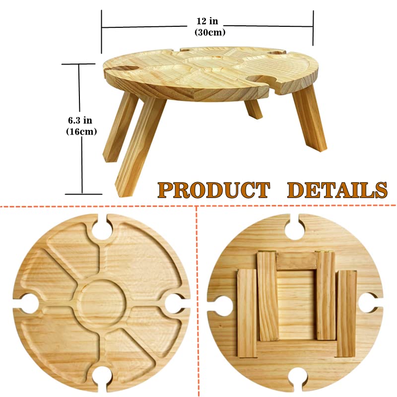 Bomeiqee Wooden Folding Picnic Table with Wine Glass Holder - Portable Creative 2 in 1 Wine Glass Rack & Compartmental Dish for Cheese and Fruit for Outdoor