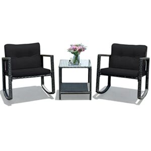 liruxun 3pcs patio rattan furniture set rocking chairs cushioned sofa black rocking chair