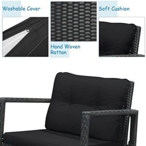 LIRUXUN 3PCS Patio Rattan Furniture Set Rocking Chairs Cushioned Sofa Black Rocking Chair