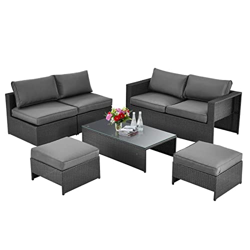 LIRUXUN 6PCS Patio Rattan Furniture Set Space Saving Cushioned No Assembly Loveseat Armless Sofa