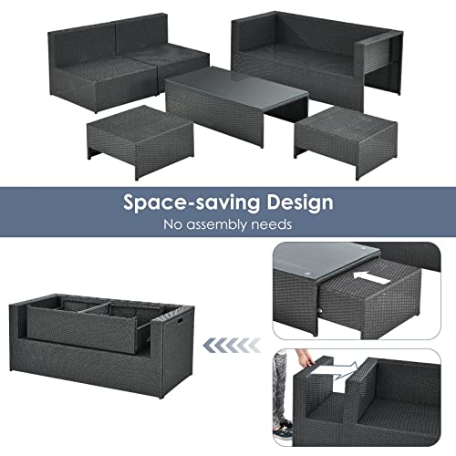 LIRUXUN 6PCS Patio Rattan Furniture Set Space Saving Cushioned No Assembly Loveseat Armless Sofa