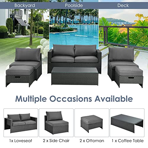 LIRUXUN 6PCS Patio Rattan Furniture Set Space Saving Cushioned No Assembly Loveseat Armless Sofa