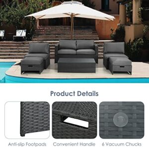 LIRUXUN 6PCS Patio Rattan Furniture Set Space Saving Cushioned No Assembly Loveseat Armless Sofa