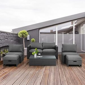 LIRUXUN 6PCS Patio Rattan Furniture Set Space Saving Cushioned No Assembly Loveseat Armless Sofa