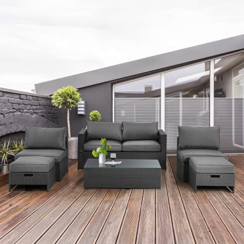 LIRUXUN 6PCS Patio Rattan Furniture Set Space Saving Cushioned No Assembly Loveseat Armless Sofa