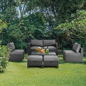 LIRUXUN 6PCS Patio Rattan Furniture Set Space Saving Cushioned No Assembly Loveseat Armless Sofa