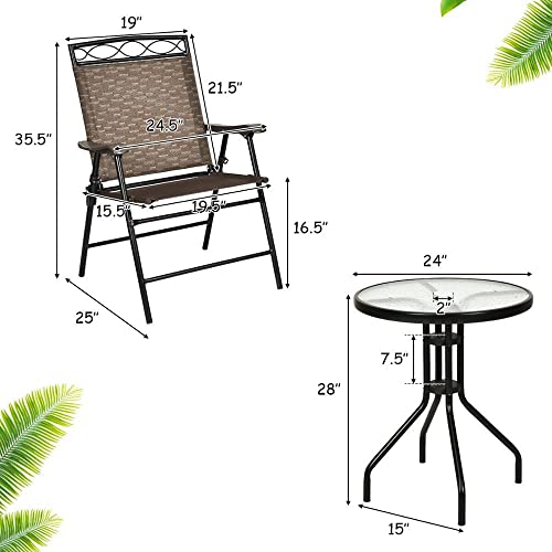 LIRUXUN 3 PCS Bistro Conversation Patio Pub Dining Set W/ 2 Folding Chairs & Glass Table Round Table