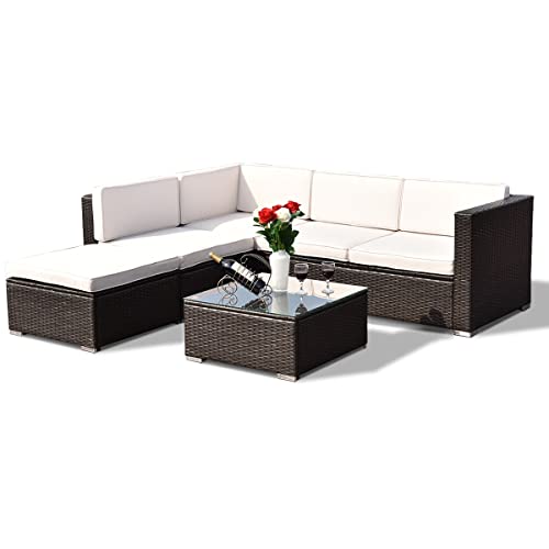 LIRUXUN 4 PCS Outdoor Patio Rattan Wicker Furniture Set Cushioned Yard Garden Coffee Table Loveseat