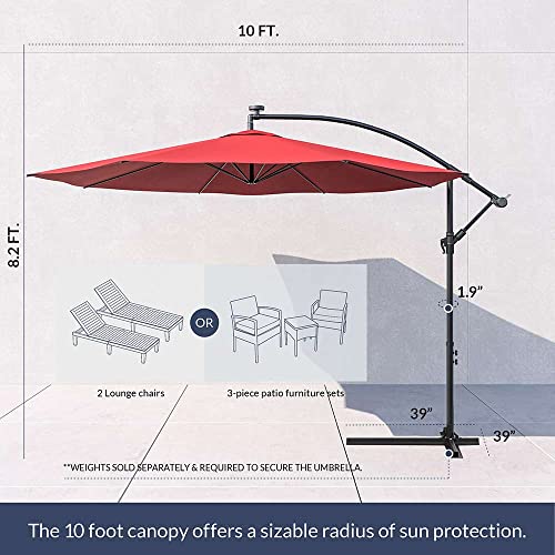 BELLEZE 10FT Patio Umbrella with Cross Base, Offset Hanging Umbrella with Tilt Crank and 8 Ribs, UV Protection Outdoor Cantilever Umbrella for Market Garden Deck Backyard Pool Beach Pool - Red