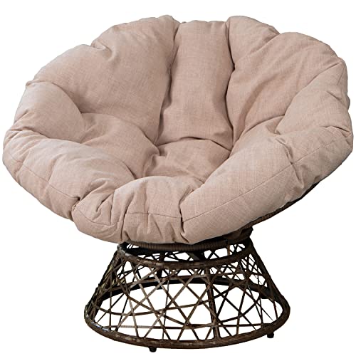 Papasan Chair Patio Lounge Chairs Egg Chair Round Circle Ratten Chair 360-Degree Swivel Papasan Chair with Cushion and Metal Frame for Indoor Outdoor Living Room Bedroom Apartment,Tan