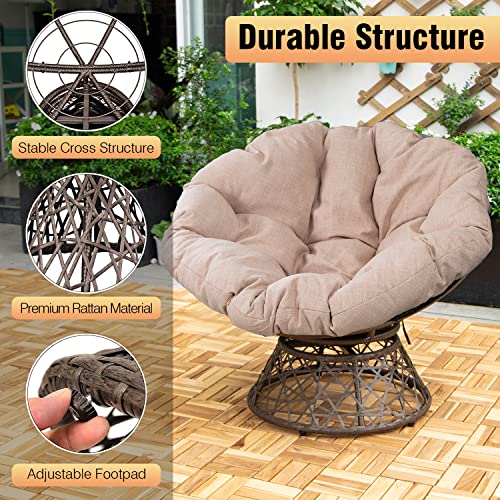 Papasan Chair Patio Lounge Chairs Egg Chair Round Circle Ratten Chair 360-Degree Swivel Papasan Chair with Cushion and Metal Frame for Indoor Outdoor Living Room Bedroom Apartment,Tan