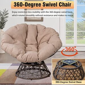 Papasan Chair Patio Lounge Chairs Egg Chair Round Circle Ratten Chair 360-Degree Swivel Papasan Chair with Cushion and Metal Frame for Indoor Outdoor Living Room Bedroom Apartment,Tan